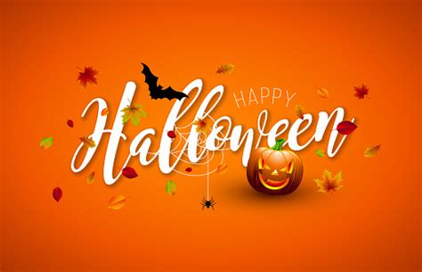 타이포그래피 레터링 호박 켜기 및 오렌지색 배경에 박쥐를 날리는 행복한 할로윈 일러스트레이션 인사말 카드 전단지 배너 축하 포스터 또는 파티 초대장을위한 벡터 가을 휴일