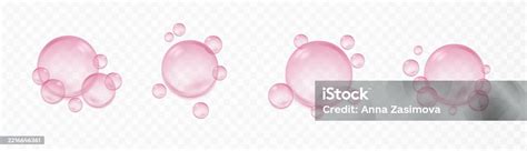핑크색 투명 버블 세트 글로시 핑크 콜라겐 세럼 드롭 비타민이 함유된 액체로 수분을 공급하는 스킨케어 에센스 현실적인 화장품 벡터입니다 거품 목욕에 대한 스톡 벡터 아트 및