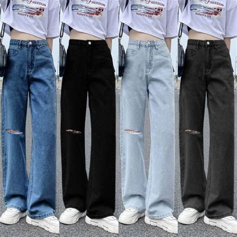 Cygy 💥มีไซส์ S 2xl💥กางเกงยีนส์ เอวสูง ขาบานแบบขาดๆ สไตล์เกาหลี กางเกงยีนส์ขายาว สวยๆเก๋ๆ