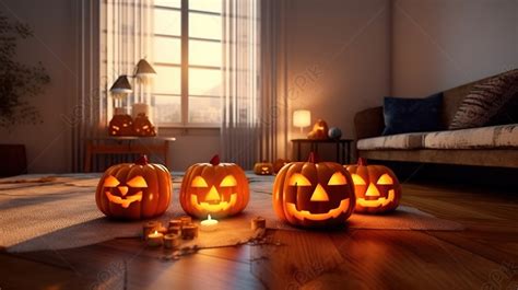 바닥에 3d로 렌더링된 호박 램프와 촛불이 있는 으스스한 할로윈 테마의 거실 거실 배경 살다 배경 할로 배경 이미지 Hd 거실 살다 할로 배경 사진 무료 다운로드