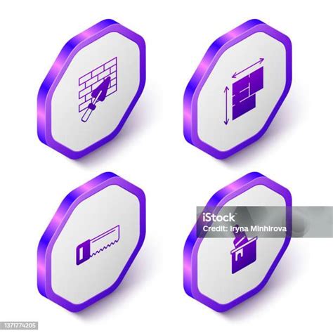 흙 집 계획 손 톱 및 페인트 버킷 브러시 아이콘이있는 등색 벽돌 벽을 설정합니다 보라색 육각 버튼 벡터 3차원 형태에 대한 스톡 벡터 아트 및 기타 이미지 Istock