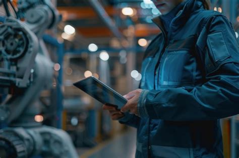 Premium Photo An Engineer Uses A Digital Tablet To Control A Robotic Arm In A Hightech
