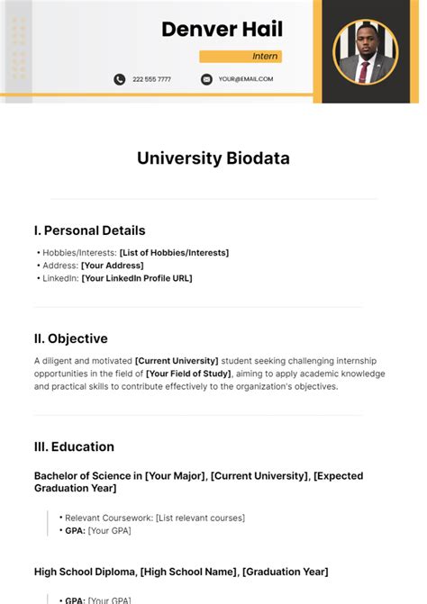 Free University Biodata Template To Edit Online