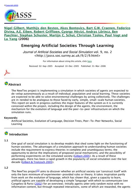 pdf emerging artificial societies through learning