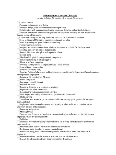 Administrative Assistant Associate Checklist Doc Template Pdffiller