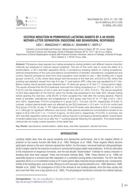 Pdf Oestrus Induction In Primiparous Lactating Rabits By A 48 Hours Mother Liter Separation