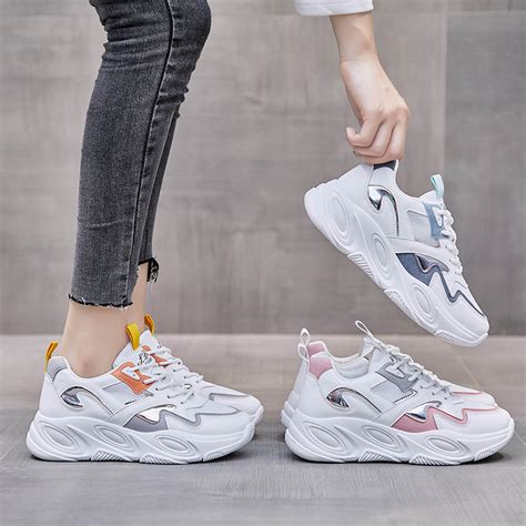 可爱粉色鞋子女秋校园学生透气轻便运动鞋韩版百搭厚底增高老爹鞋虎窝淘