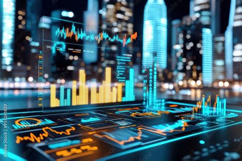 futuristic data analysis with vibrant charts and graphs overlooking a