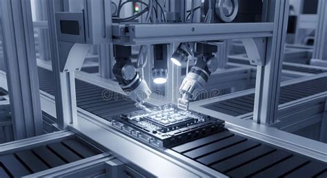 Precision Assembly Robotic Arms Constructing Microchip With Advanced Technology Stock Image