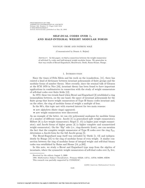 Pdf Self Dual Codes Over Z 4 And Half Integral Weight Modular Forms