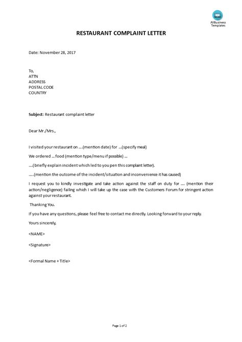 Restaurant Complaint Letter Templates At