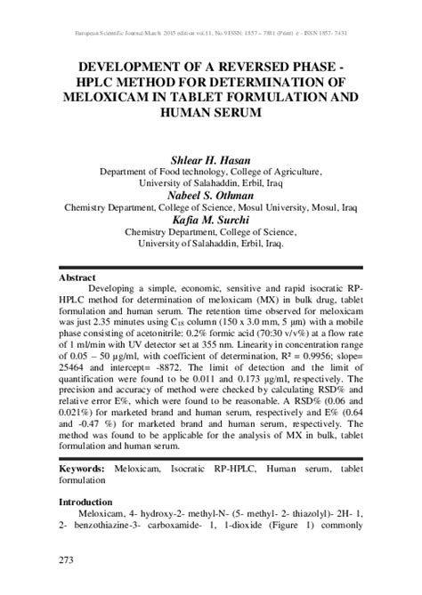 Development Of A Reversed Phase Hplc Method For Determination Of Meloxicam In Tablet