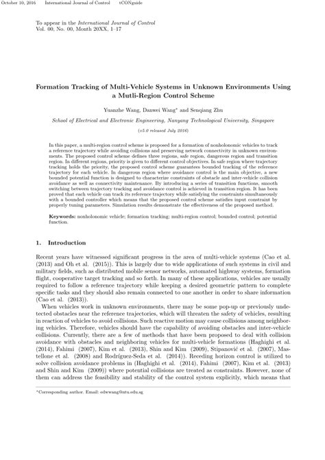 Pdf Formation Tracking Of Multi Vehicle Systems In Unknown Environments Using A Multi Region