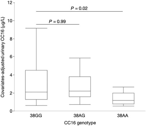 Covariates‐adjusted Urinary Cc16 According The Cc16 A38g Genotypes Of Download Scientific