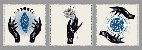 마술 포스터 세트입니다 여자의 손 태양 달 별 크리스탈 꽃 요소 신성한 기하학 미스터리에 대한 스톡 벡터 아트 및 기타 이미지 Istock