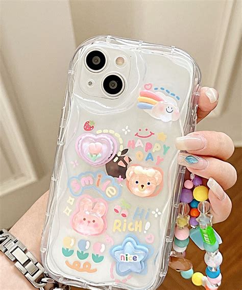 당일출고💕귀여운 캐릭터 토끼 곰돌이 투명 물결 아이폰케이스 지비츠 파츠 입체 스트랩 핸드폰케이스 아이폰 7 8 12 13 미니 11 14 15 프로 맥스 에이블리