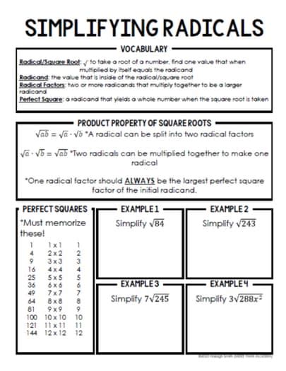 Simplifying Radicals Notes By M0re Than Algebra Tpt Simplifying Radicals Notes By M0re Than Algebra Tpt