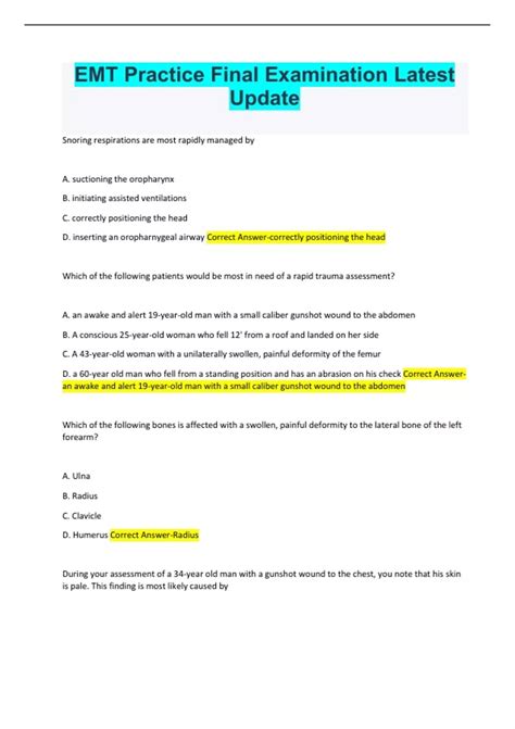 Emt Practice Final Examination Latest Update Qandas Stuvia Us