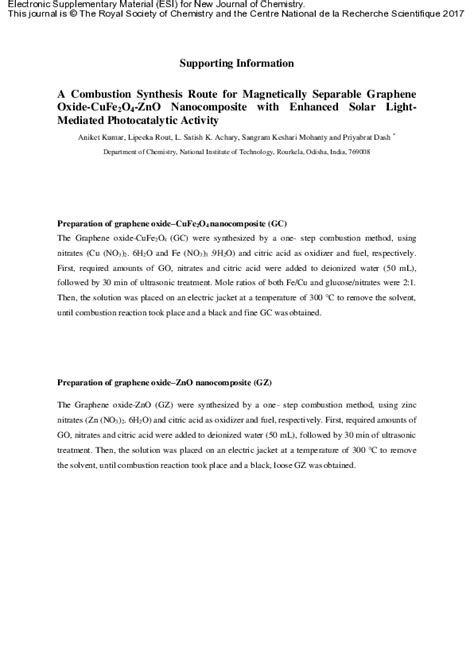 Pdf A Combustion Synthesis Route For Magnetically Separable Graphene Oxidecufe2o4zno