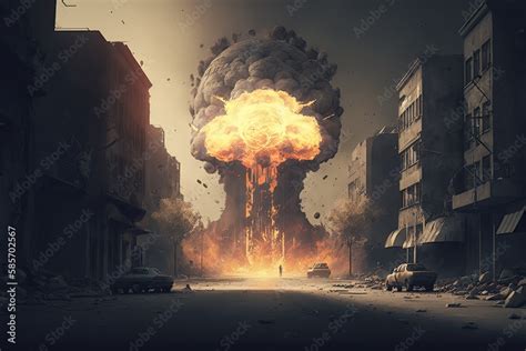 Nuclear Bomb Going Off In War Torn City With Smoke And Flames Rising