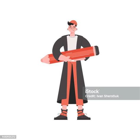 세련된 남자는 완전한 성장에 서서 큰 연필을 들고 있습니다 격리 프리젠 테이션 사이트를위한 요소 개념에 대한 스톡 벡터 아트 및 기타 이미지 Istock