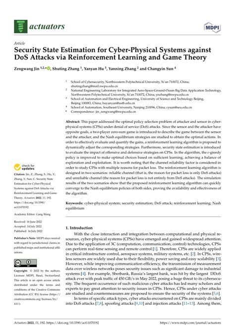 Pdf Security State Estimation For Cyber Physical Systems Against Dos Attacks Via Reinforcement