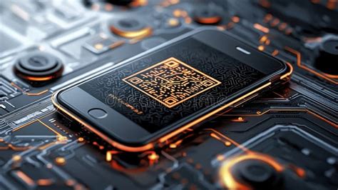 High Tech Smartphone Displaying Qr Code On Circuit Board Background Stock Illustration
