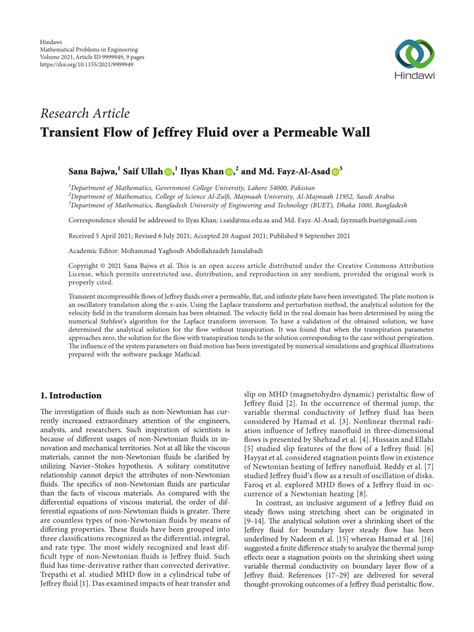 Pdf Transient Flow Of Jeffrey Fluid Over A Permeable Wall