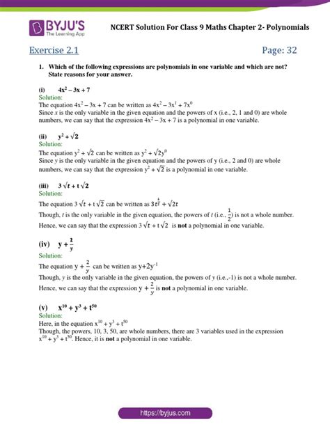 Ncert Solution For Cbse Class 9 Maths Chapter 2 Polynomials Pdf Pdf Equations Division