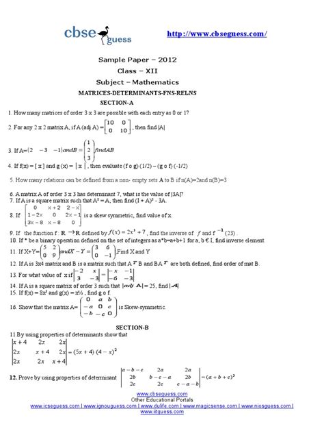 sample paper 2012 class xii subject mathematics findab andb