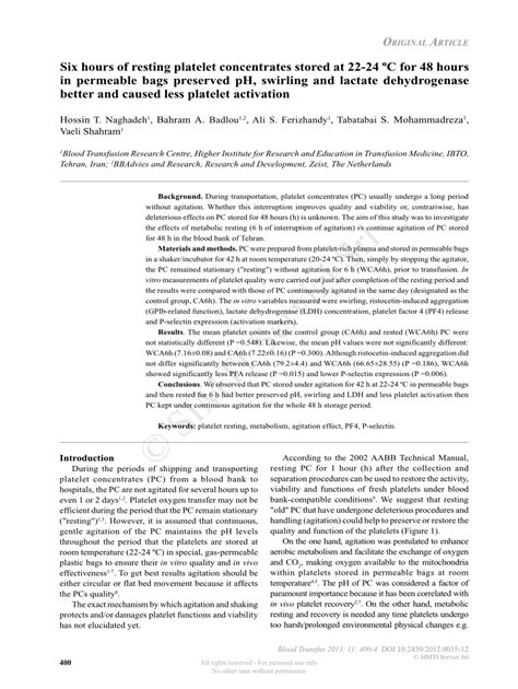 Pdf Six Hours Of Resting Platelet Concentrates Stored At 22 24 °c For 48 Hours In Permeable