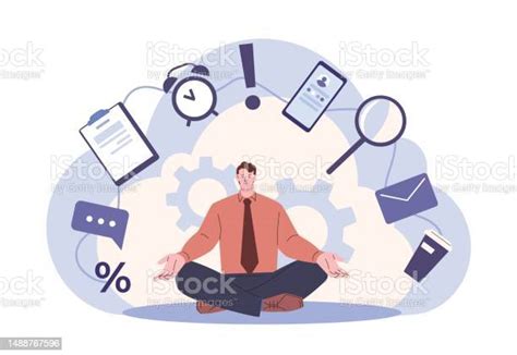 사무실에서 명상하는 사업가 피곤한 비즈니스 캐릭터와 주변의 많은 작업 요가 선 연습 스트레스 아웃 훈련 킥키 벡터 장면 개념에 대한 스톡 벡터 아트 및 기타 이미지 Istock