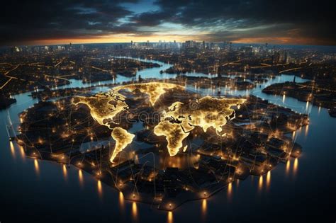 Digital Communication Hub World Map Featuring Glowing Lines Of Global Connectivity Stock