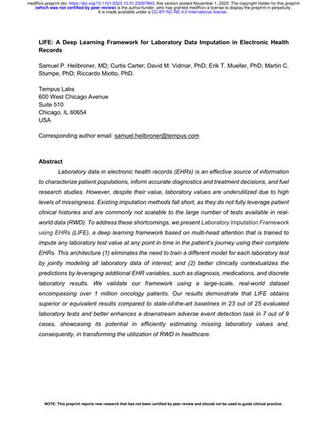 Pdf Life A Deep Learning Framework For Laboratory Data Imputation In