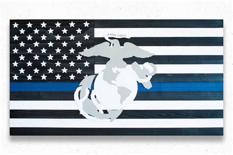 Thin Blue Line Marines Wood Flag Patriot Wood