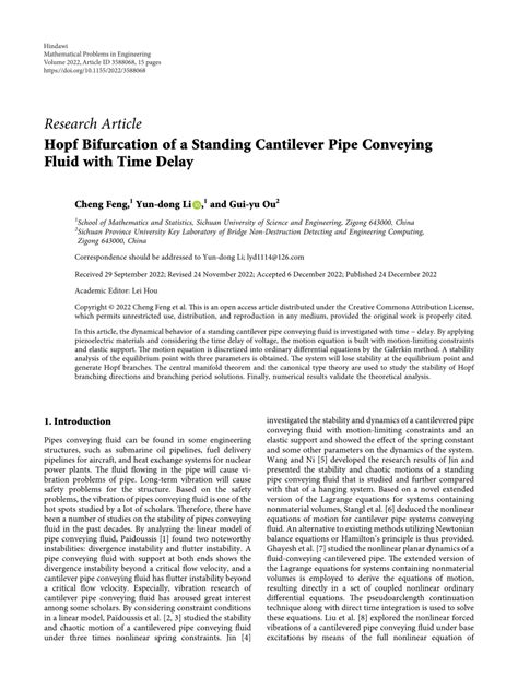 Pdf Hopf Bifurcation Of A Standing Cantilever Pipe Conveying Fluid With Time Delay