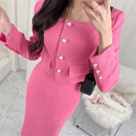 더글로리 트위드 금장 진주 버튼 스퀘어넥 어깨 패드 자켓 H라인 하이웨스트 뒷트임 롱 스커트 세트 셋업 에이블리