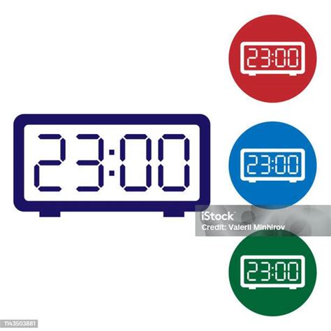 파란색 디지털 알람 시계 아이콘 흰색 배경에 고립입니다 전자 시계 알람 시계 시간 아이콘입니다 원 버튼의 색상 아이콘을 설정 합니다 벡터 일러스트 0명에 대한 스톡 벡터