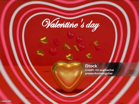 빨간색과 황금색 하트 풍선 금색 금속 모양 및 빨간색 배경에 전구의 3d 렌더링으로 행복한 발렌타인 데이 기프트 카드 사랑 파티 초대 바우처 디자인 포스터 템플릿 3차원