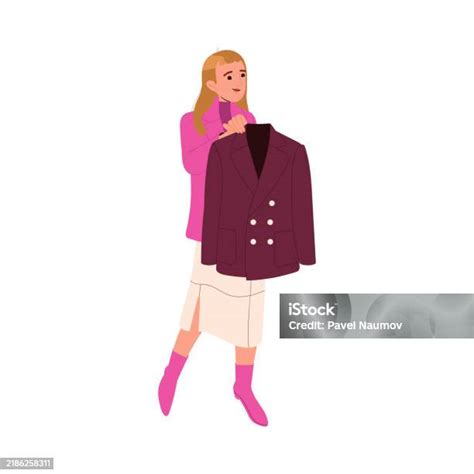 여자 캐릭터 선택 에서 옷 에서 또는 패션 상점 들고있는 재킷 벡터 일러스트 레이 션 개념에 대한 스톡 벡터 아트 및 기타 이미지 Istock