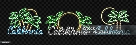 캘리포니아 팜와 장식와 투명 한 배경에 대 한 태양 로고의 현실적인 격리 된 네온 사인의 벡터 집합입니다 해변 서핑 여름의 개념입니다 Led 조명에 대한 스톡 벡터 아트 및