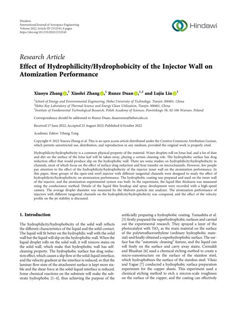 Pdf Effect Of Hydrophilicityhydrophobicity Of The Injector Wall On Atomization Performance
