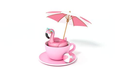 핑크 플라밍고 플로트 열대 조류 모양풍선 수영장 링은 흰색 배경 3d 렌더링에 핑크 커피 컵에 떠있습니다 3d 일러스트 여름과 여행 최소한의 개념 비치 파라솔에 대한 스톡