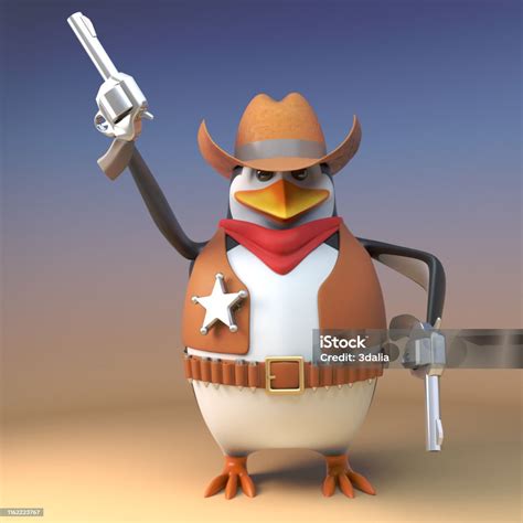 와일드 웨스트 카우보이 펭귄 보안관은 효과를 위해 공중에서 자신의 권총 중 하나를 발사 3d 그림 개척시대의 서부에 대한 스톡 사진 및 기타 이미지 Istock