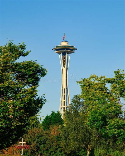 View Of The Space Needle Through Trees In Seattle Editorial Photo