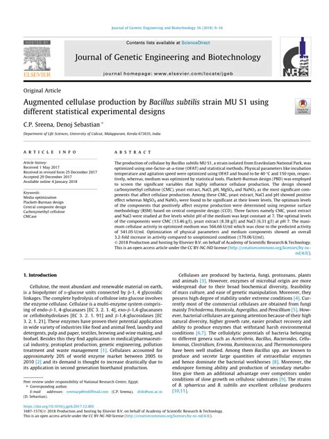 Pdf Augmented Cellulase Production By Bacillus Subtilis Strain Mu S1 Using Different