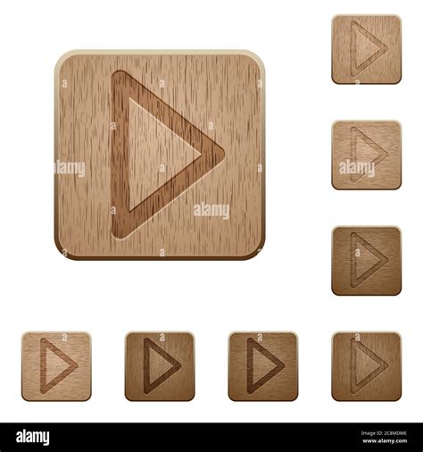 Set Of Carved Wooden Media Play Buttons 8 Variations Included Arranged Layer Structure Stock