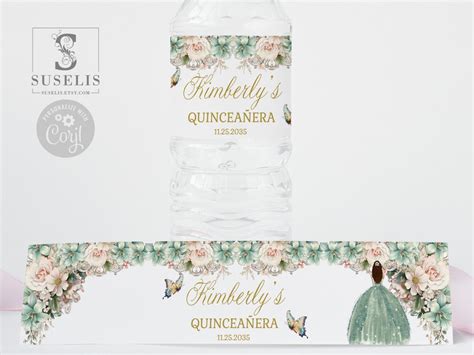 EDITABLE TEMPLATE Water Bottle Labels Quinceanera Sage Green Flowers Sweet Quince Th