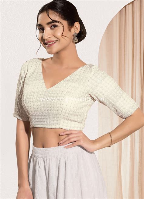 Polyester Thread Embroidered Off White Color Blouse