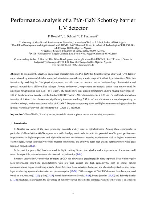 Pdf Performance Analysis Of A Pt N Gan Schottky Barrier Uv Detector